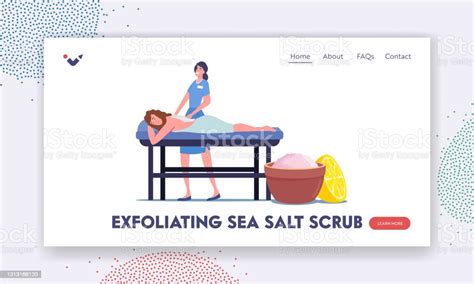 여자는 바디 케어 및 스파 치료를 받을 방문 페이지 템플릿입니다 젊은 여성 캐릭터 거짓말 에 테이블 수신 마사지 개념에 대한