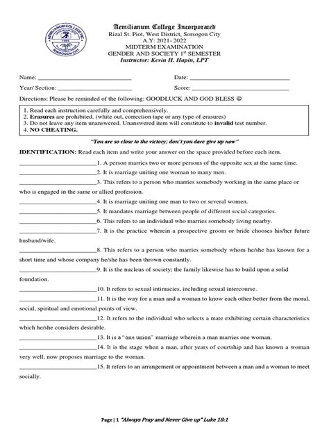 Gender And Society Midterm Exam Pdf Marriage Courtship