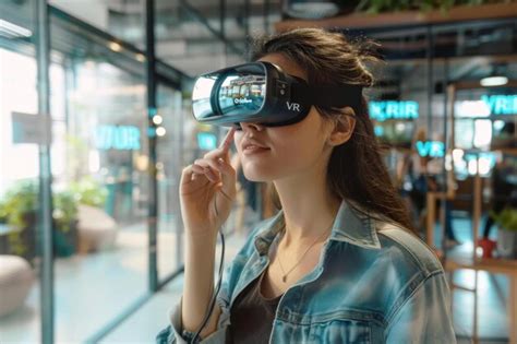 Woman Exploring Vr Experience In A Busy Environment Advanced Technology