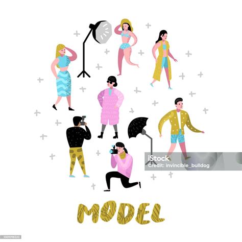 사진 작가와 모델 사진 스튜디오 문자 집합입니다 사진 장비와 포즈 여성 모델입니다 벡터 일러스트 레이 션 남성에 대한 스톡 벡터 아트 및 기타 이미지 Istock