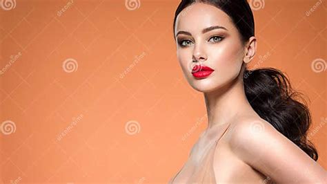 Beautiful White Girl With A Red Lipstick On Lips Stunning Brunette