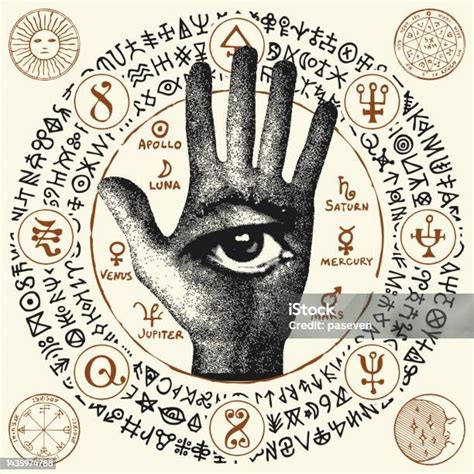 모든 것을 보는 눈과 룬이있는 인간의 손으로 오컬트 라운드 사인 초자연적인에 대한 스톡 벡터 아트 및 기타 이미지 초자연적인