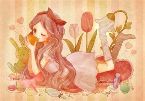 Safebooru 1girl Bow Brown Hair Cup Dress Flower Green Eyes Hair Bow