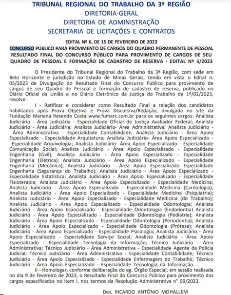 Concurso TRT MG SAIU O Resultado Final VEJA