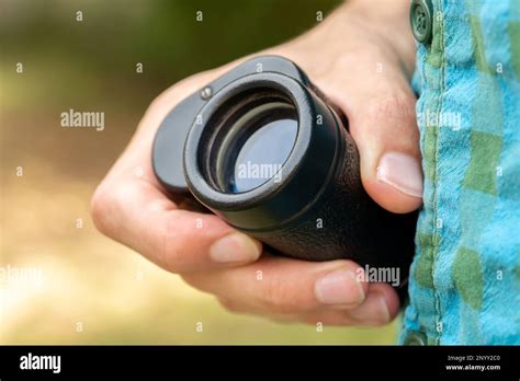 Man Holding A Simple Magnifying Monocular Glass Modern Spy Spyglass In Hand Object Detail