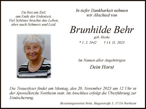 Traueranzeigen Von Brunhilde Behr Trauer Hna De