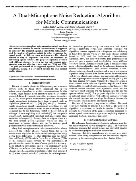 A Dual Microphone Noise Reduction Algorithm For Mobile Communications