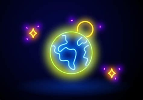 premium vector planet earth neon sign shiny planet earth silhouette on dark brick wall background