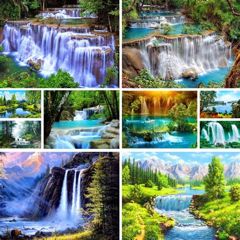 Juego De Punto De Cruz Preimpreso De Paisaje De Cascada Bordado