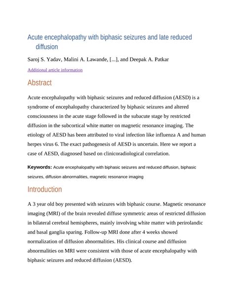 Pdf Acute Encephalopathy With Biphasic Seizures And Late Reduced Diffusion