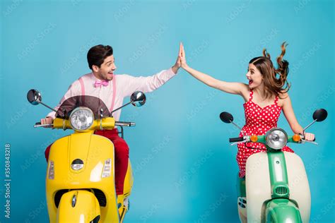 Photo Of Funky Two People Lady Guy Couple Drive Retro Moped Travelers