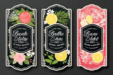 Three Different Labels Of A Woman And A Man With Flowers On Them