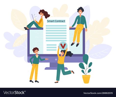 Blockchain Smart Contract Concept With Characters Vector Image