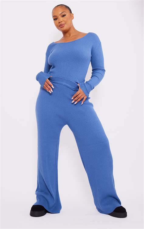 Plus Blue Knitted Ribbed Scoop Neck Bodysuit Plus Size