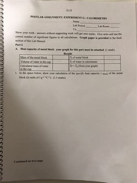G 13 POSTLAB ASSIGNMENT EXPERIMENT G CALORIMETRY Chegg