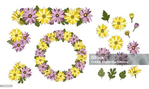 밝은 양식에 일치시키는 꽃과 국화의 잎으로 설정합니다 꽃화환과 브러쉬 패턴 로맨틱하고 여름 디자인에 대한 일러스트레이션 국화에 대한 스톡 벡터 아트 및 기타 이미지 Istock