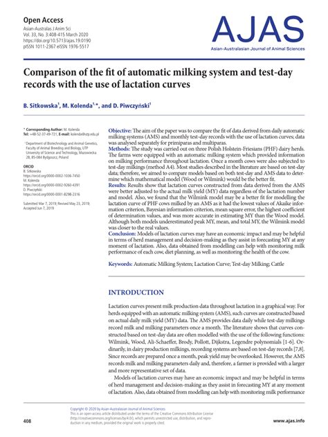PDF Comparison Of The Fit Of Automatic Milking System And Test Day Records With The Use Of