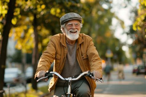 Energetic Joyful And Smiling Elderly Man Riding Bicycle Premium Ai
