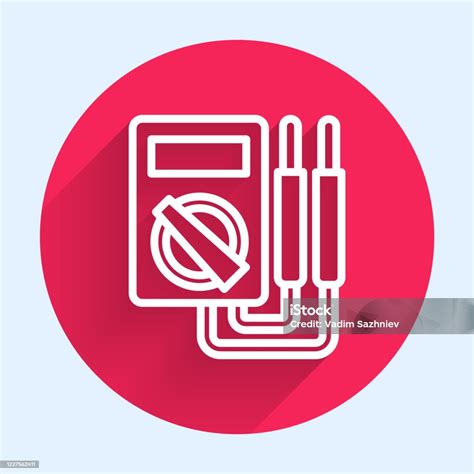 긴 그림자로 격리 된 흰색 라인 암페어 미터 멀티 미터 볼트 미터 아이콘 전류 측정을 위한 계측기 빨간색 원 버튼입니다 벡터