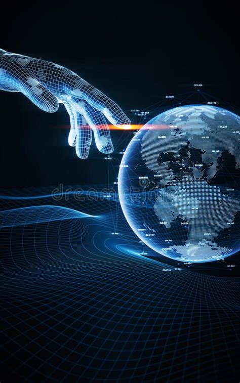 coding digital planet with a virtual hand 3d rendering stock