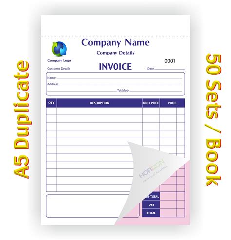 Personalised A5 Duplicate Invoice Book Bill Book Ncr Pad Receipt Book Printing 50 Sets