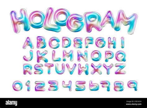 3d Style Vector Of Inflated Glossy Hologram Alphabet And Numbers On White Background Stock