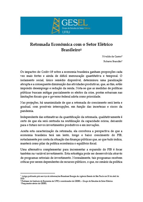 Artigo Gesel “retomada Econômica Com O Setor Elétrico Brasileiro” Gesel