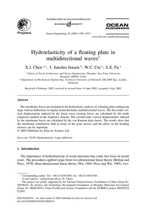 Pdf Hydroelasticity Of A Floating Plate In Multidirectional Waves