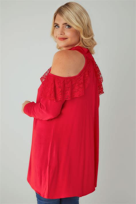Limited Collection Red Long Sleeve Cold Shoulder Top With Lace Detail