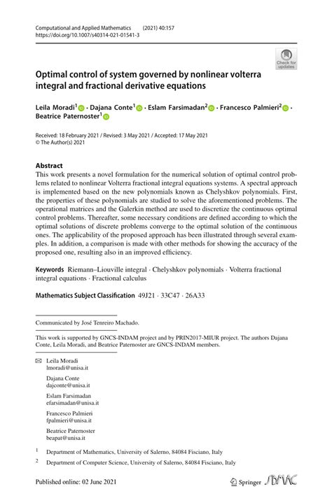 Pdf Optimal Control Of System Governed By Nonlinear Volterra Integral
