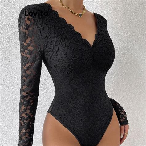 Lovito Casual Plain Lace Bodysuit For Women Lnl63042 Shopee Malaysia