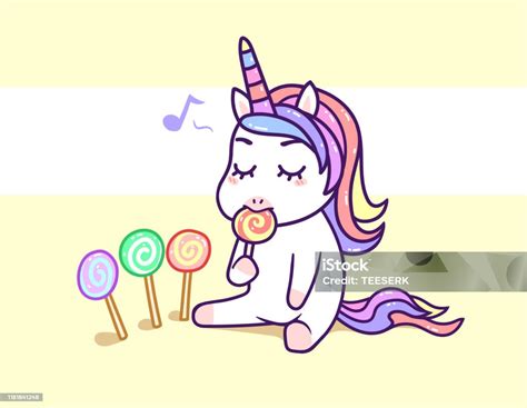 가와이이 작은 유니콘 먹는 달콤한 롤리팝 파스텔 색상 행복 한 만화 벡터 0명에 대한 스톡 벡터 아트 및 기타 이미지 0명