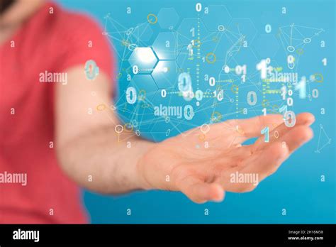 a person presenting the virtual projection of digital binary codes