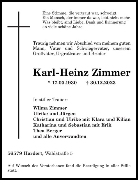 Traueranzeigen Von Karl Heinz Zimmer Rz Trauer De