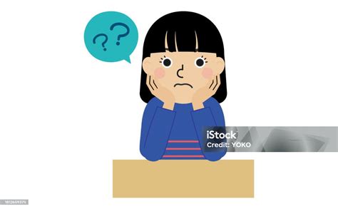 긴 소매를 입은 흑발의 일본인 여성이 책상에 앉아 깊은 생각에 잠겨 있는 모습 감정 시리즈에 대한 스톡 벡터 아트 및 기타