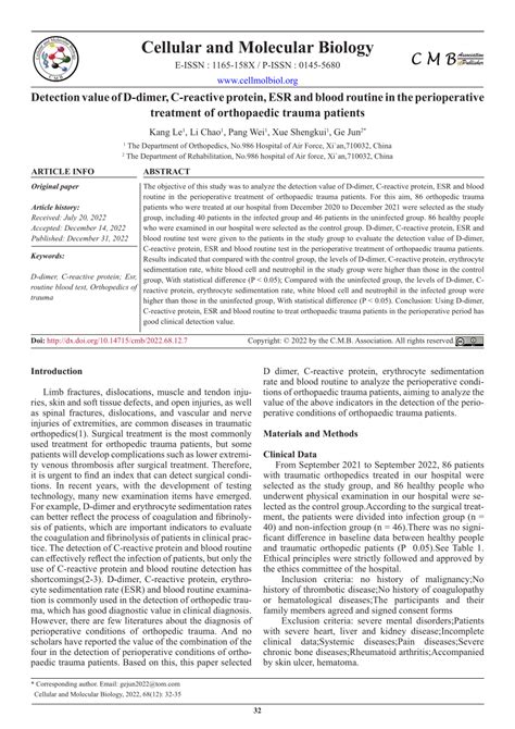 PDF Detection Value Of D Dimer C Reactive Protein ESR And Blood Routine In The Perioperative