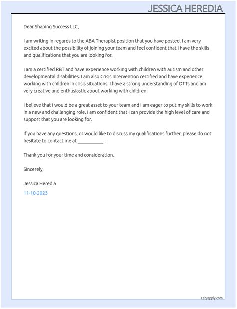 Cover Letter For Aba Therapist Lazyapply