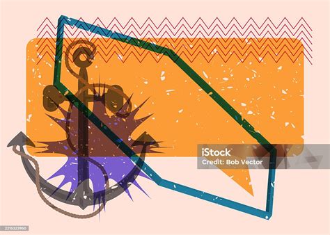 Risograph 기하학적 모양의 말풍선이 있는 앵커 트렌디한 Riso Graph의 개체는 기하학 요소가 있는 질감 스타일