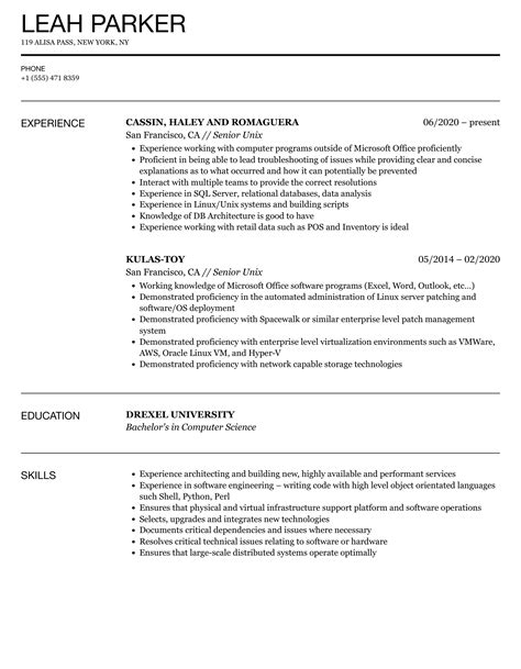 senior unix resume samples velvet jobs