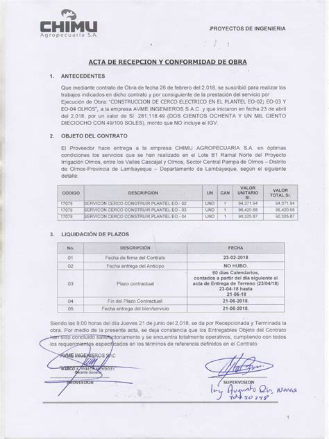 Acta De Recepcion Y Conformidad De Obra Pdf