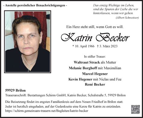 Traueranzeigen Von Katrin Becker Trauer In Nrwde