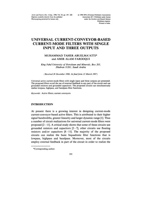 Pdf Universal Current Conveyor Based Current Mode Filters With Single Input And Three Outputs