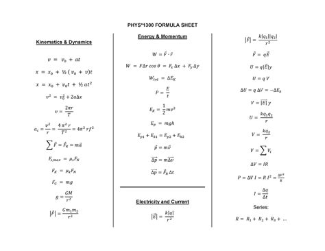 formula sheet fundamental equations of dynamics kinem