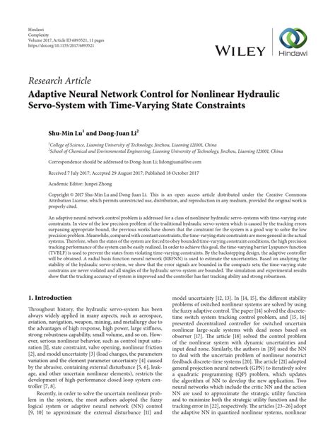 Pdf Adaptive Neural Network Control For Nonlinear Hydraulic Servo System With Time Varying