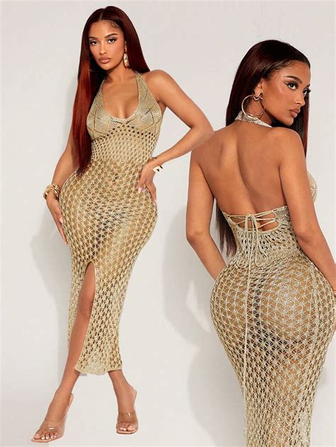 Shein Sxy Womens Solid Color Backless Cut Out Hem Sexy Hollow Knit