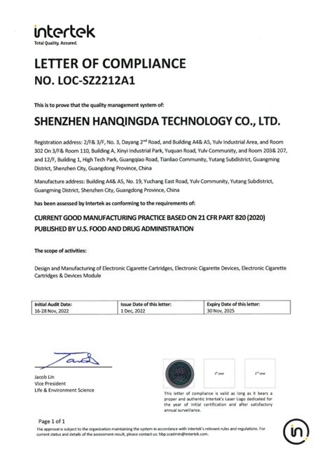 Certificates Of Intertek Total Quality Assured Shenzhen Hanqingda