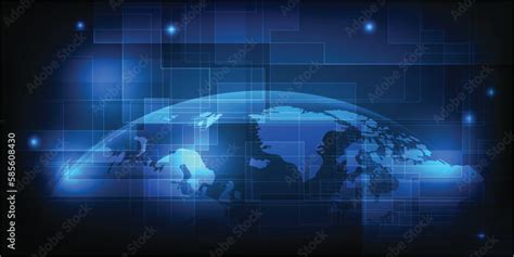 Vector Illustrations Of Neon Blue Glowing Globe With Digital Circuit Network Futuristic Digital