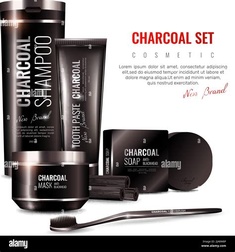 Charcoal Cosmetics In Black Packaging Including Toothpaste Mask