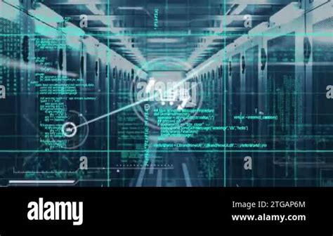 Animation Of Connected Icons Lens Flare And Programming Language Over Server Room Digital