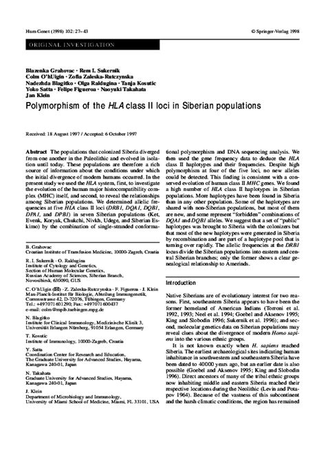 Pdf Polymorphism Of The Hla Class Ii Loci In Siberian Populations